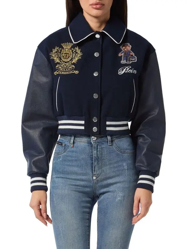 Philipp Plein Cropped Bomber Jacket With Logo And Teddy Bear Embroidery - Navy