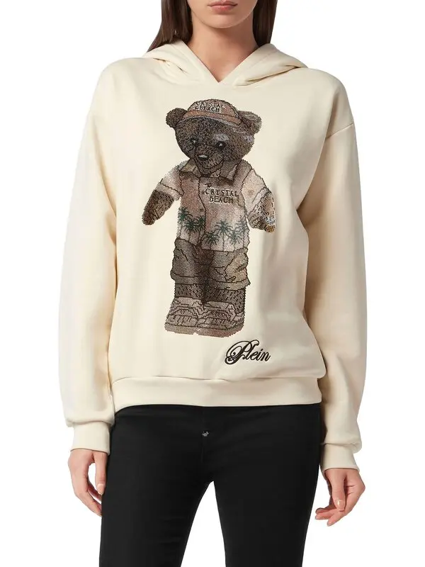 Philipp Plein Teddy Bear Print Cotton Hoodie With Rhinestone Embellishments - Beige