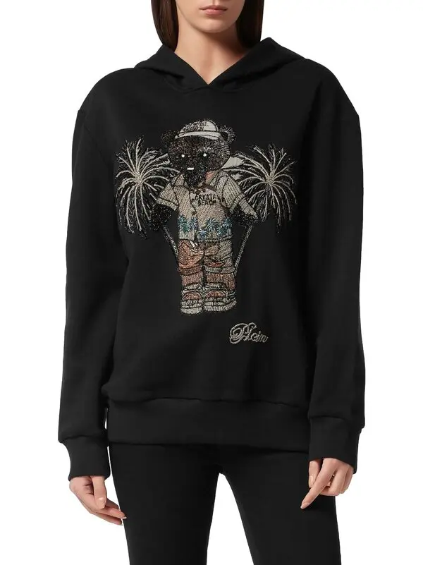 Philipp Plein Teddy Bear Rhinestone Cotton Hoodie - Black
