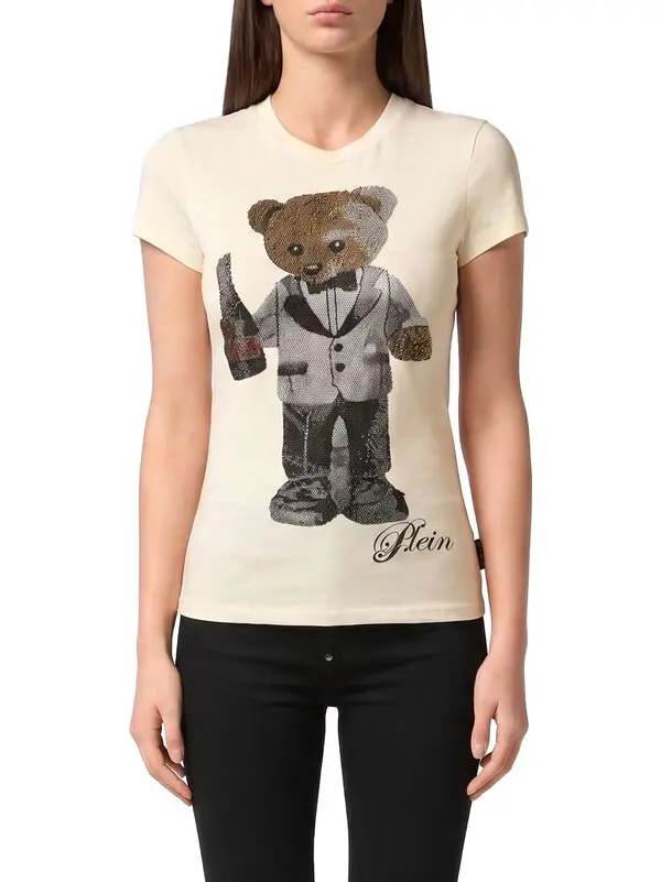 Philipp Plein Slim Fit Teddy Bear Rhinestone Embellished T-shirt - White