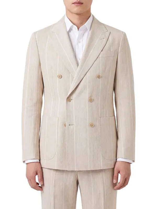 Eleventy Double-breasted Pinstripe Linen And Cotton Blazer With Peak Lapels - Sand