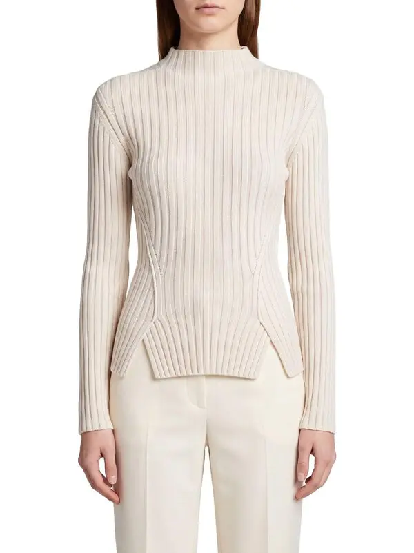 Victoria Beckham Ribbed Cashmere-blend Sweater With A Front Slit - Beige