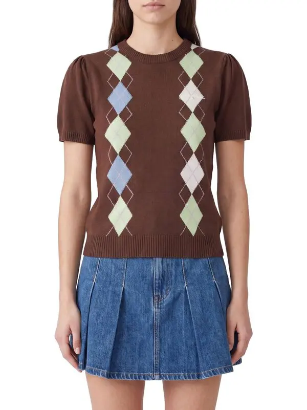 GANNI Argyle Puff Sleeve Sweater - Brown