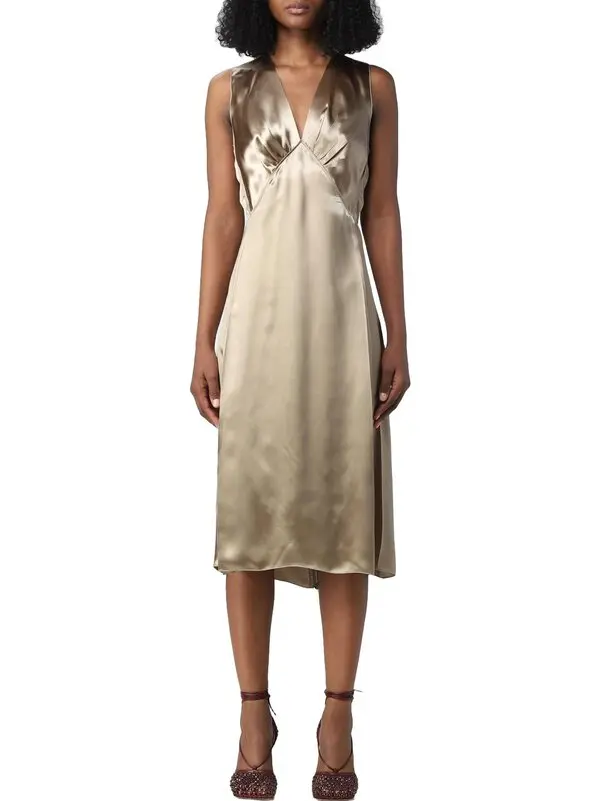 Bottega Veneta Sleeveless V-neck Midi Dress - Gold