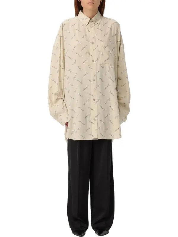 Balenciaga Oversized Button-up Shirt With All-over Logo Print - Beige