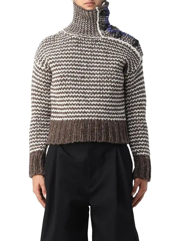 Bottega Veneta Striped Knit Sweater With Embellished Collar - Brown