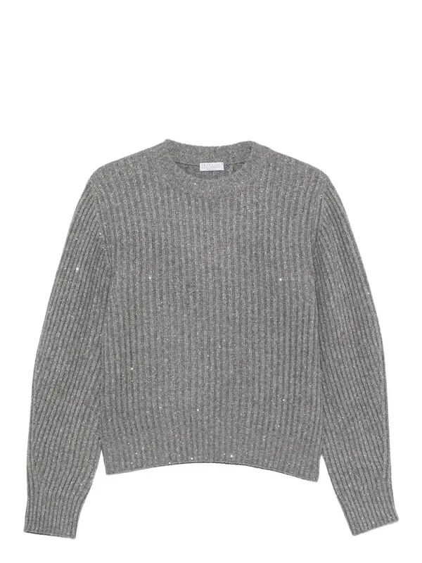 Brunello Cucinelli Ribbed Cashmere And Wool Blend Sweater With Sequins - Grey