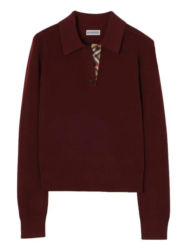 Burberry Long-sleeve Wool Polo Shirt With House Check Detail - Grape Purple