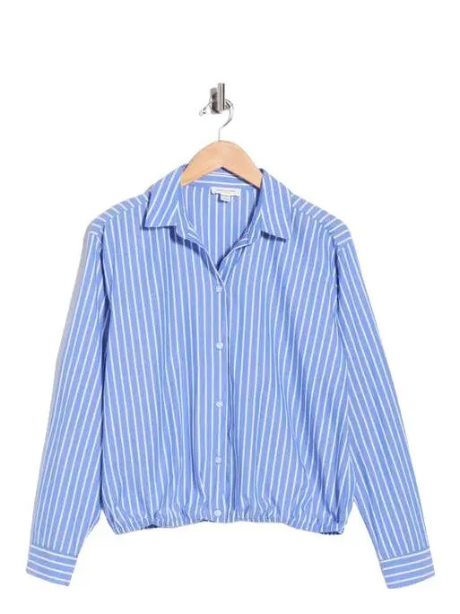 BEACHLUNCHLOUNGE Beach Lunch Lounge Marin Striped Cotton Crop Bubble Hem Shirt - Rustic Blueberry