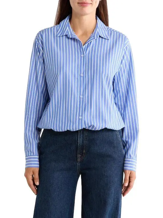 BEACHLUNCHLOUNGE Beach Lunch Lounge Marin Striped Cotton Crop Bubble Hem Shirt - Rustic Blueberry