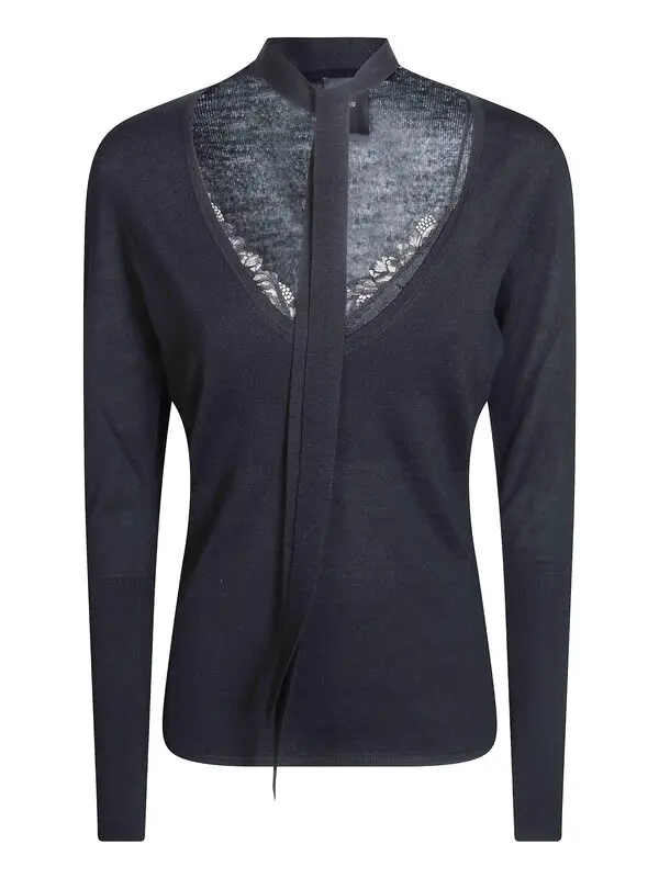 Pinko 100% Wool Fine Knit Sweater With Lace Detail - Nero