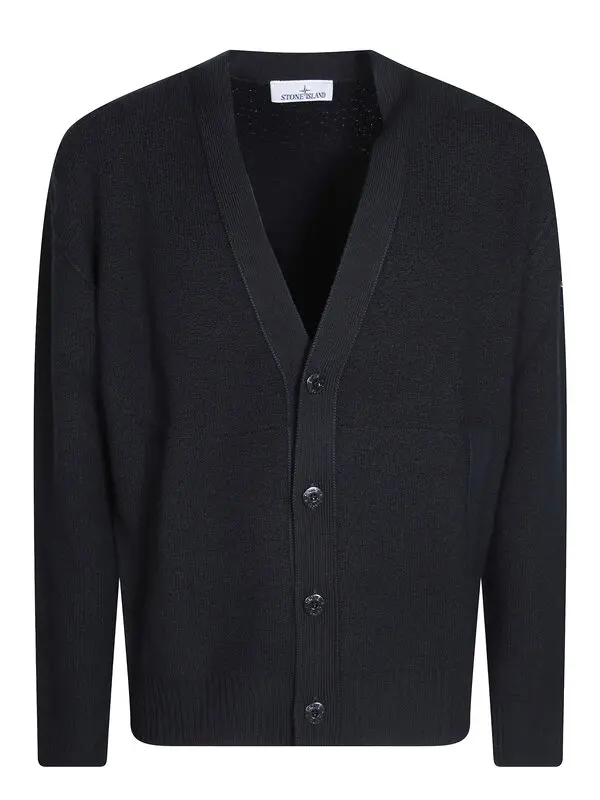 Stone Island V-neck Button-up Cardigan With Pocket - Nero