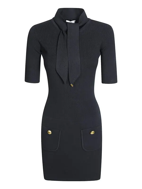 Elisabetta Franchi Ribbed Knit Gown With Tie Neck And Buttoned Pockets - Nero