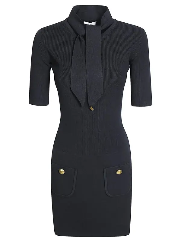 Elisabetta Franchi Ribbed Knit Gown With Tie Neck And Buttoned Pockets - Nero