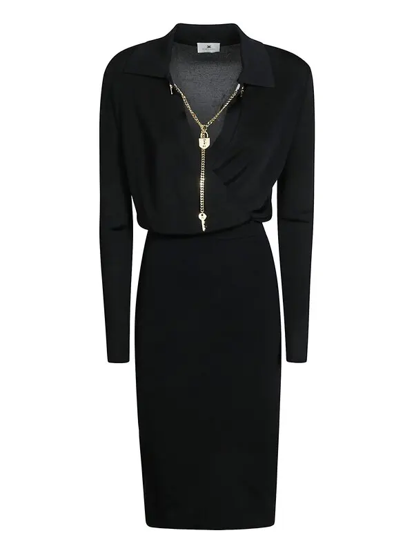 Elisabetta Franchi Black Knit Gown With Gold-tone Charm Detail - Nero