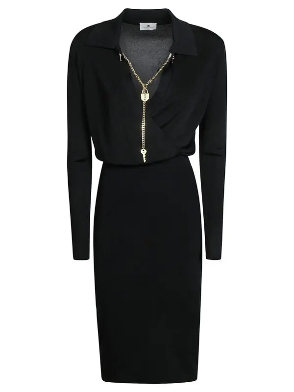Elisabetta Franchi Black Knit Gown With Gold-tone Charm Detail - Nero