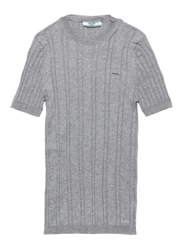 Prada Short-sleeved Ribbed Knit Cotton Sweater - Grey