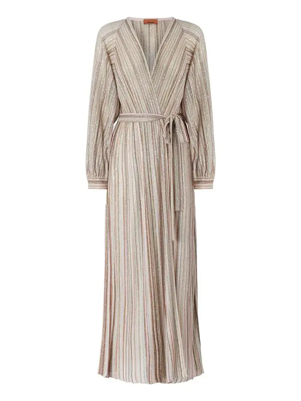 Missoni Long Ribbed Cardigan With Belt And Sequins - Pink
