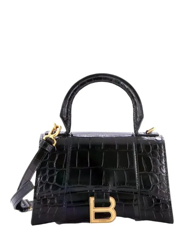 Balenciaga Hourglass Top Handle Bag Crocodile Embossed Leather Xs Satchel - Black