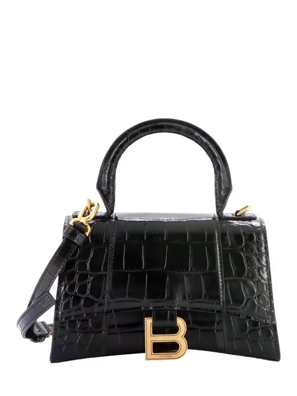 Balenciaga Hourglass Top Handle Bag Crocodile Embossed Leather Xs Satchel - Black