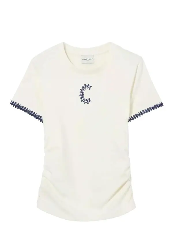Claudie Pierlot Short Sleeve T-shirt With Draped Effect And Embroidery - Neutrals