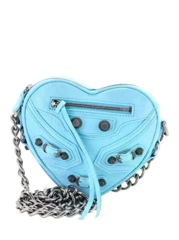 Balenciaga Le Cagole Giant Studs Heart Chain Leather Mini Crossbody Bag - Blue