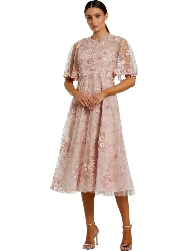 Mac Duggal Petite Flutter Sleeve Embroidered Midi Dress - Pink