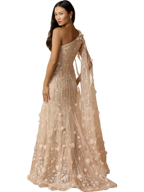 MAC DUGGAL COLLECTION Embellished One Shoulder Gown With Cape Sleeve - Neutral