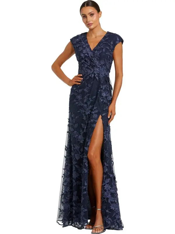 Mac Duggal Petite Faux Wrap Embroidered Cap Sleeve Gown - Navy