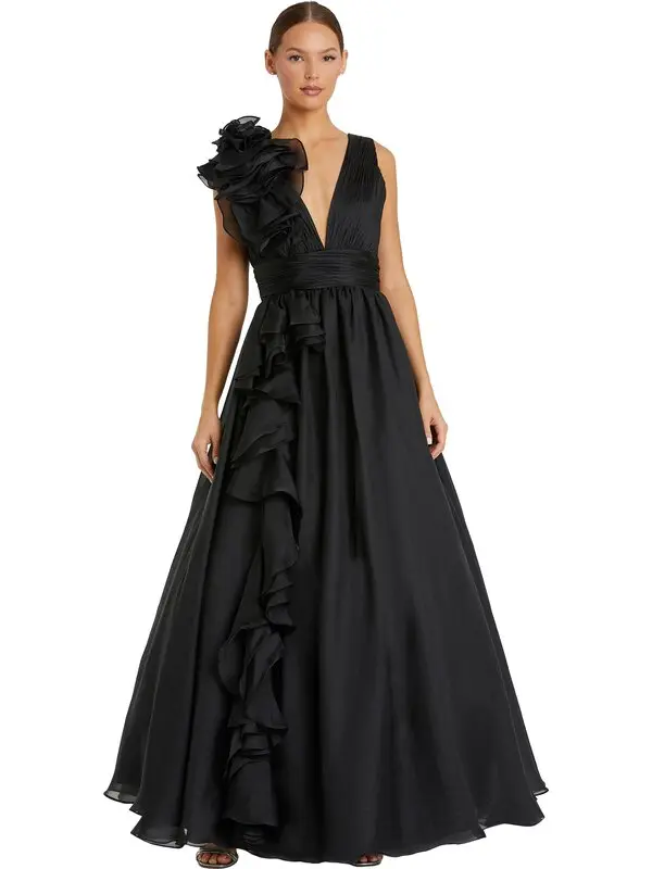 Mac Duggal Petite Ruffle Shoulder V-neck Chiffon Gown - Black
