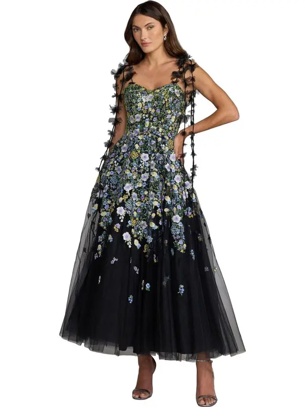 Mac Duggal Black Floral Embroidered Sweetheart Neck A-line Dress - Black Multi
