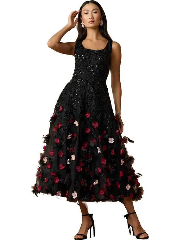 MAC DUGGAL COLLECTION Petite Sleeveless Embellished Midi Dress With 3d Flowers - Black