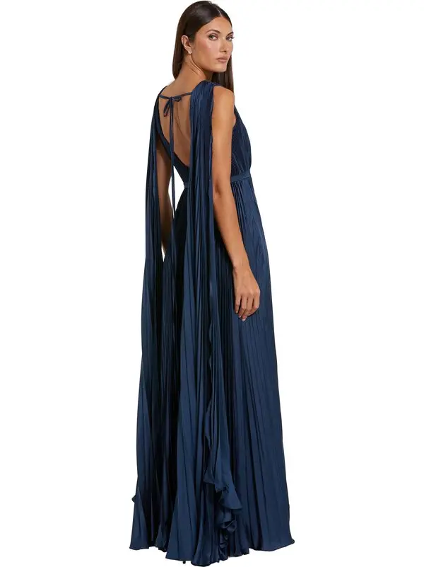 Mac Duggal Pleated Cape Back Gown - Navy