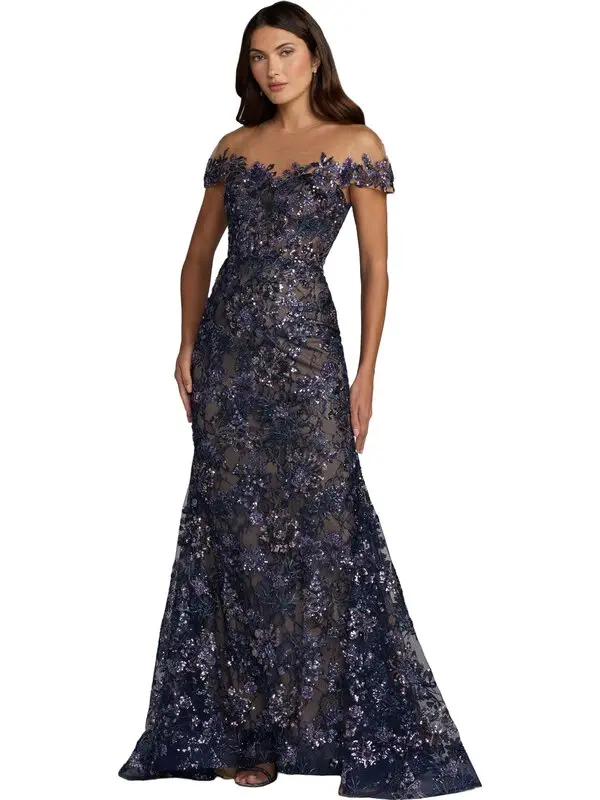 Mac Duggal Embellished Lace Trumpet Gown - Midnight