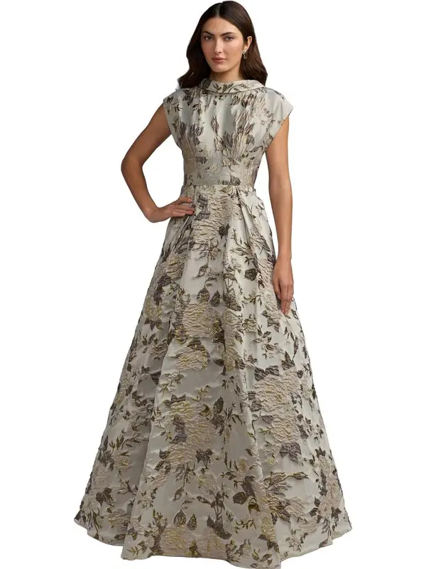 Mac Duggal Floral Brocade Cap Sleeve Ball Gown - Platinum Multi
