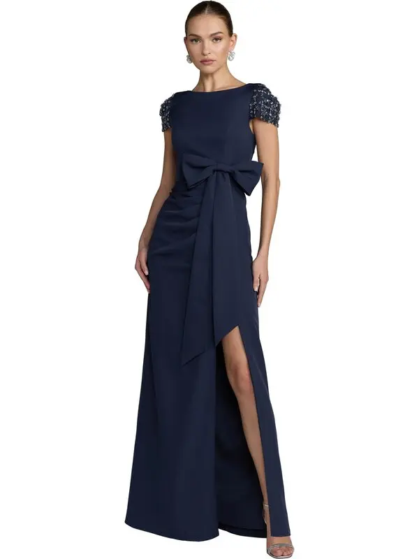 Mac Duggal Beaded Cap Sleeve Crepe Gown With Oversized Bow And Slit - Navy