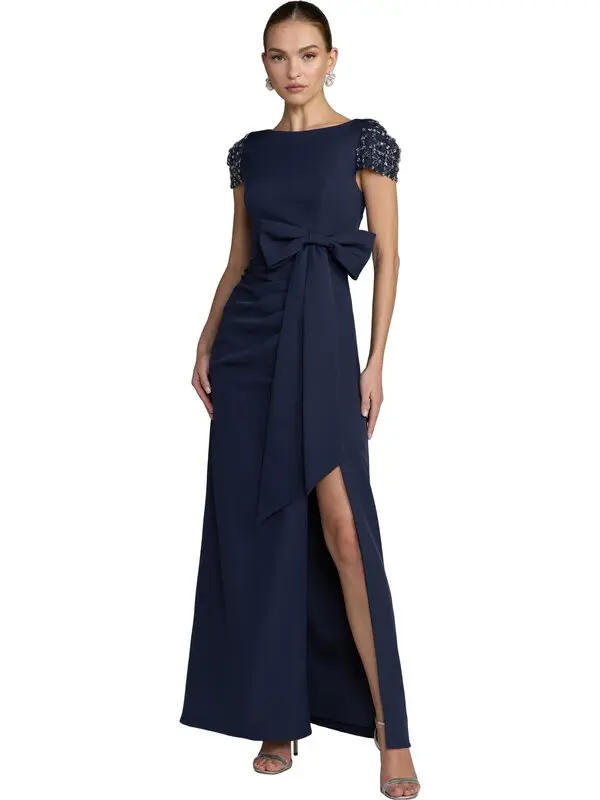 Mac Duggal Beaded Cap Sleeve Crepe Gown With Oversized Bow And Slit - Navy
