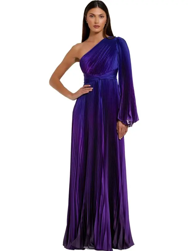 Mac Duggal Petite Pleated Charmeuse One Shoulder Ombre Gown - Purple