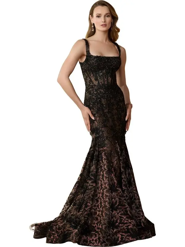 MAC DUGGAL COLLECTION Petite Sleeveless Embellished Lace Mermaid Gown - Black