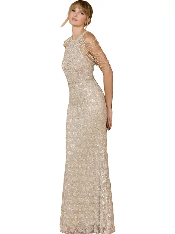 MAC DUGGAL COLLECTION Petite Ivory Draped Pearl Embellished Column Gown - Neutral
