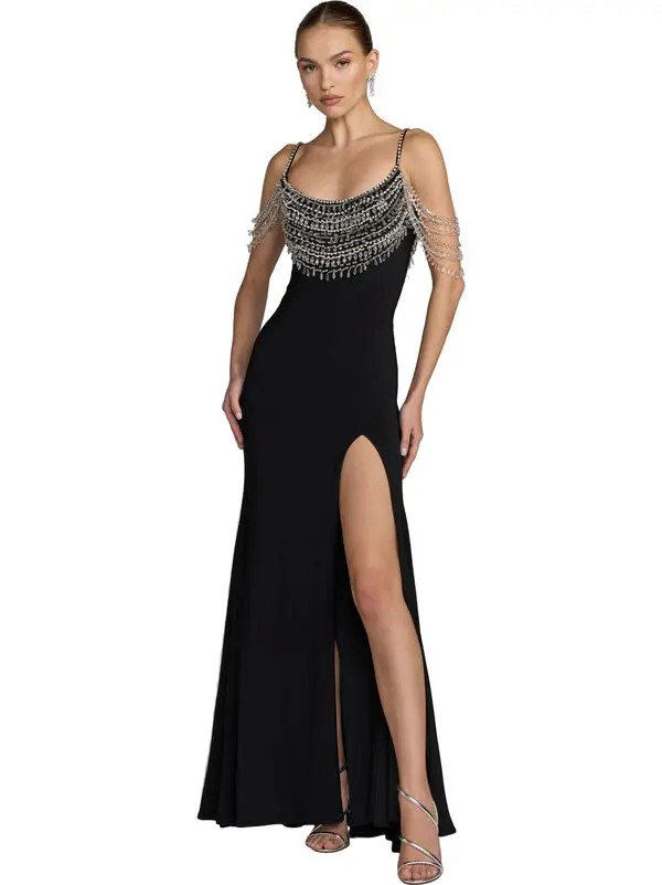 Mac Duggal Beaded Jersey Scoop Back Gown With Slit - Black