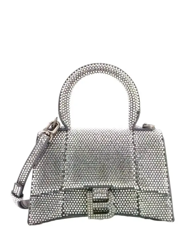 Balenciaga Hourglass Top Handle Bag Suede With Crystals Xs - Silver