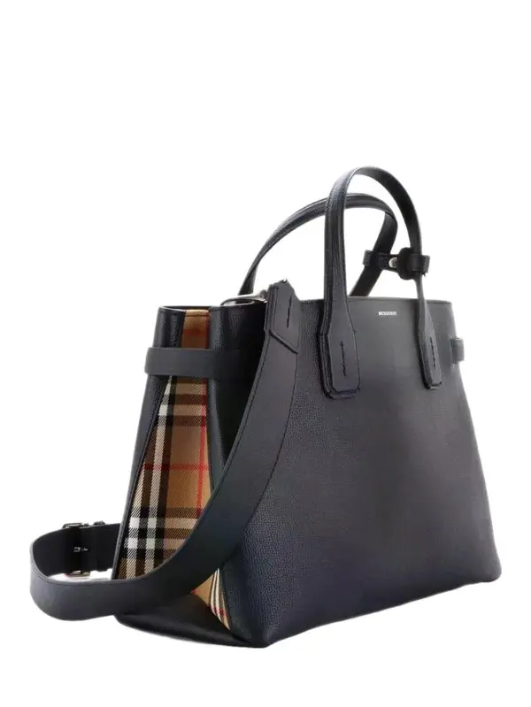 Burberry Tote Bag In Leather With Vintage Check Canvas - Black
