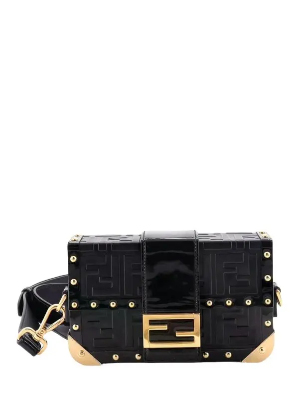 Fendi Baguette Trunk Bag Zucca Embossed Leather Mini Crossbody Bag - Black