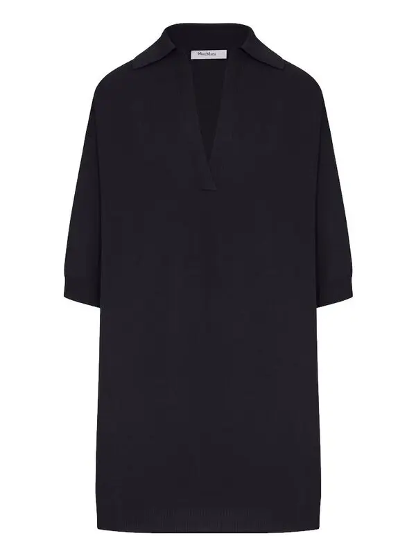 Max Mara Long Viscose Crepe Sweater With Open Polo Collar - Black