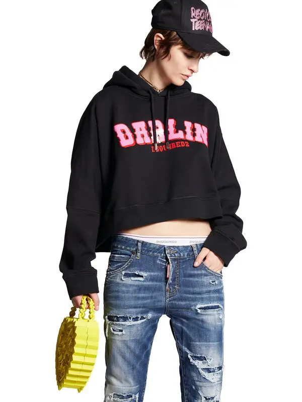 Dsquared2 Cropped Hoodie With Graphic Detail - Black