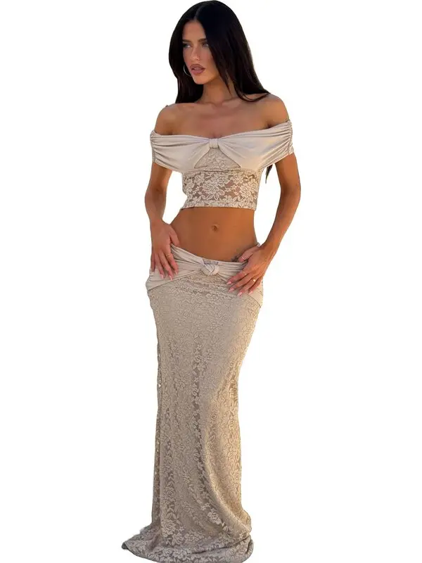 OUTCAST Miller Off-shoulder Lace Crop Top - Beige