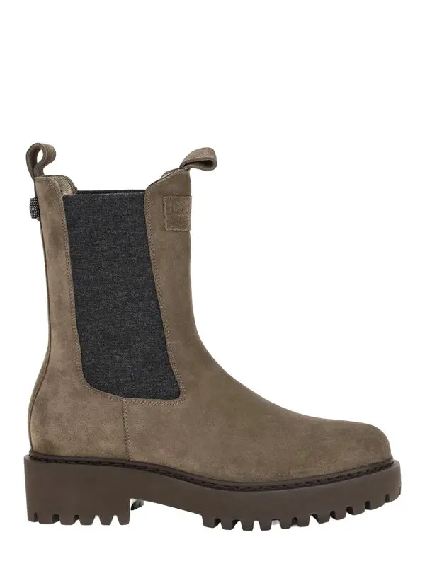Brunello Cucinelli Suede Ankle Boots With Knit Insert And Precious Loop Detail - Brown