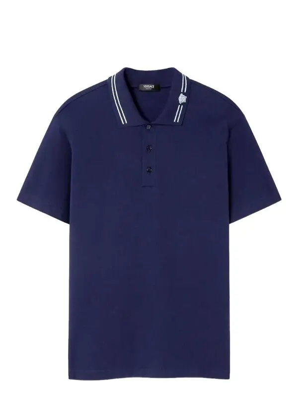 Versace Embroidered Cotton Polo Shirt - Blue