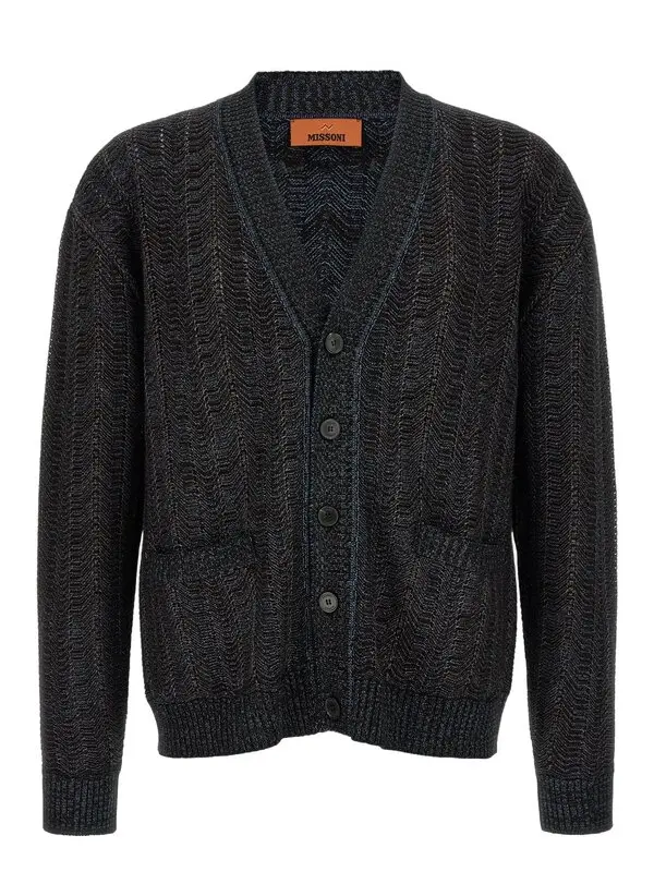 Missoni Knit Button-up Top With V-neck And Patch Pockets - Blue
